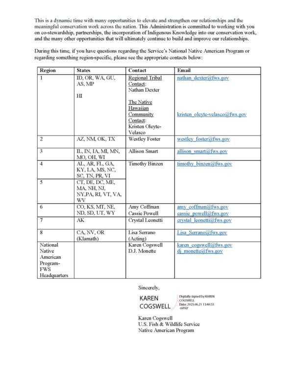 USFWS Native American Program Update Letter to Tribes - Native American Fish and Wildlife Society